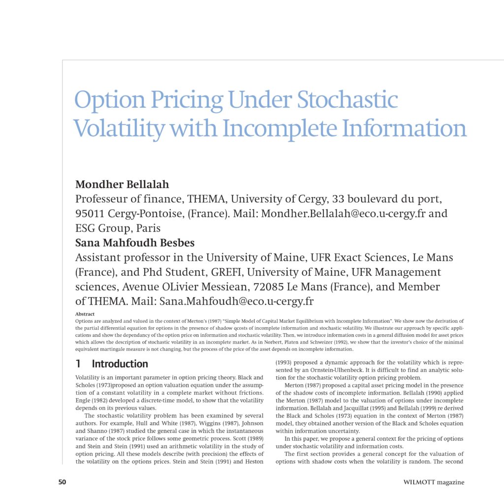 Option Pricing Under Stochastic Volatility With Incomplete Information Wilmott